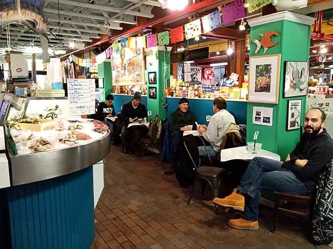 Colorful pillars and eclectic art create a dining space that's equal parts funky and welcoming.