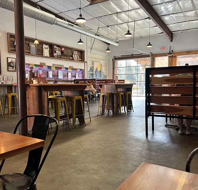 Industrial chic meets mountain comfort in a space that somehow feels both trendy and like home at once.