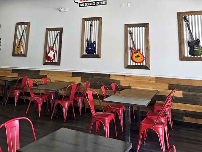 Those guitars aren't just wall art, they're setting the stage for a rock-and-roll barbecue experience.