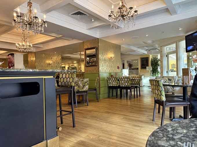 Chandeliers and patterned chairs create an atmosphere that's fancy enough to impress, casual enough to relax completely.