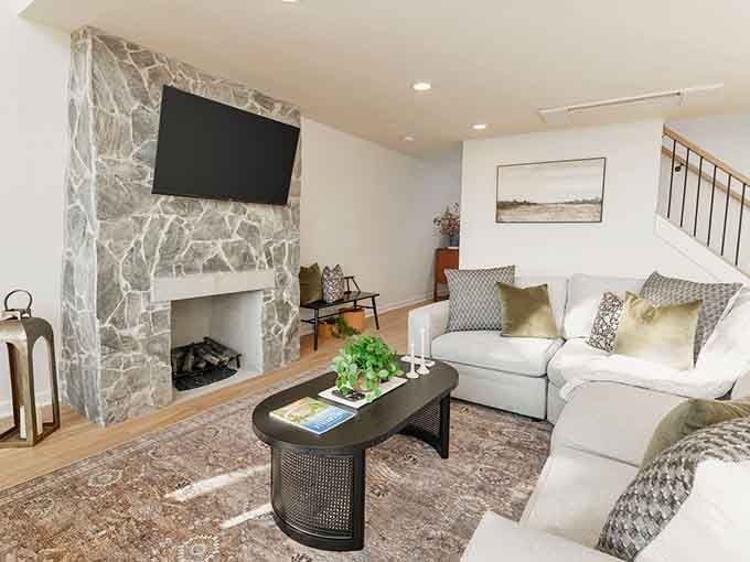This living room proves that stone fireplaces and plush seating are the ultimate power couple.