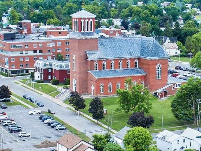 That beautiful brick church anchors downtown Ogdensburg like a postcard from an era when architecture actually meant something.