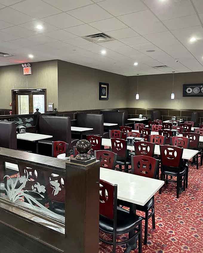 Clean lines, comfortable seating, and enough space to navigate without plate-collision incidents make this your new happy place.