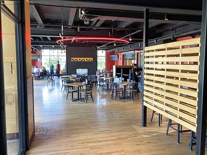 Industrial chic meets pizza paradise in this spacious dining room where deep-dish dreams come true.