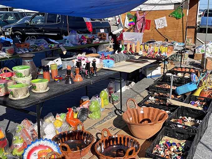 Pottery bowls and household treasures gleam under the open sky, waiting for their next adventure.