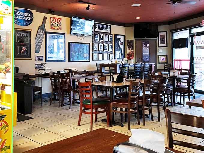 The dining room at Pazzo Big Slice Pizza where normal portion sizes come to die a delicious death.