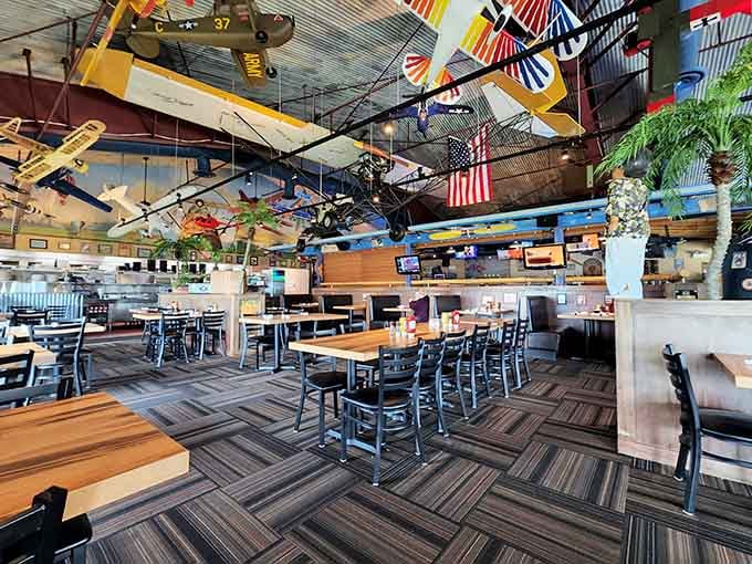 Model planes suspended overhead create an aerial ballet that makes looking up as entertaining as eating.