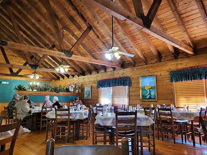 Cathedral ceilings and warm wood create a lodge atmosphere where serious steak lovers gather for exceptional meals.