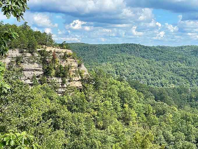 Those puffy clouds floating over layered cliffs create a view that belongs on a postcard you'd actually send.