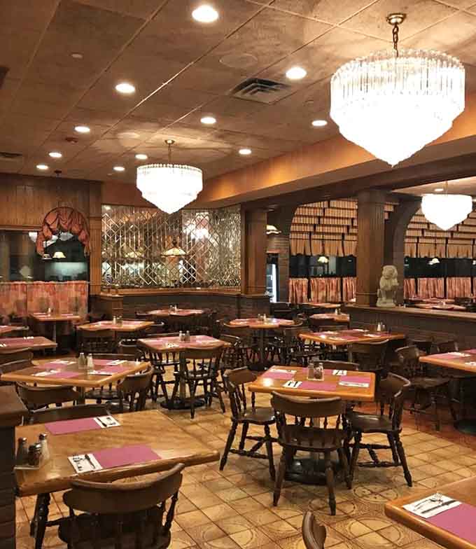 Those chandeliers aren't trying to be ironic&mdash;they're just genuinely classy touches in a genuinely wonderful dining room.