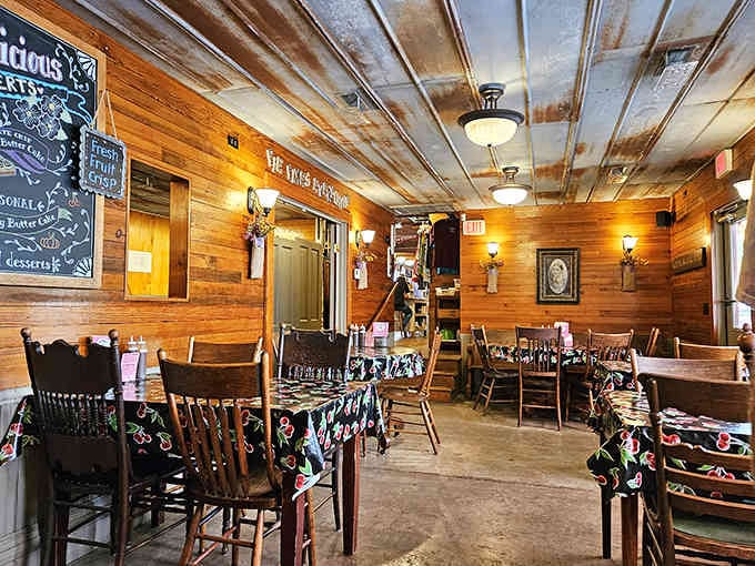 Wood-paneled walls and warm lighting create the kind of cozy atmosphere where you'll want to linger long after your plate's clean.