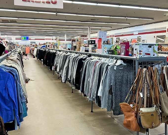 Row after row of clothing organized by color creates a rainbow effect that's oddly mesmerizing and dangerously tempting.