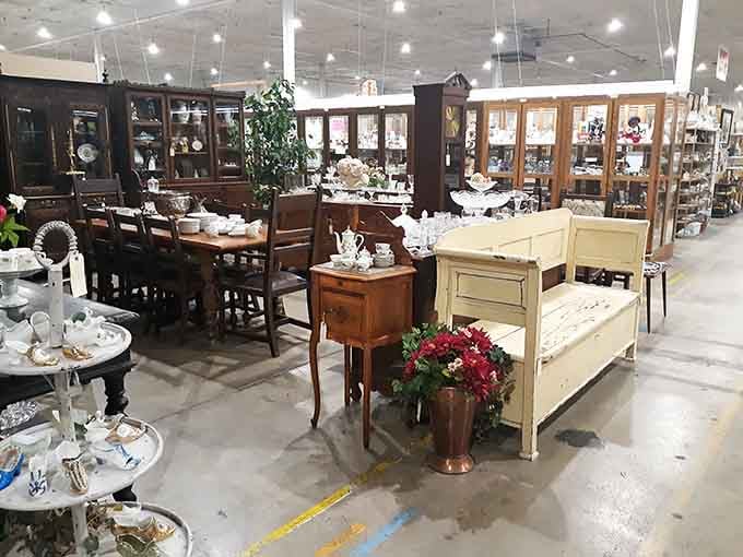 Furniture displays that look like someone's elegant dining room decided to set up shop in a warehouse wonderland.