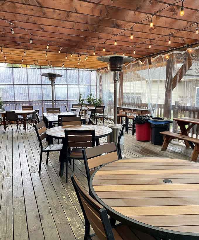 String lights and heaters transform a simple deck into your new favorite dining room, rain or shine.