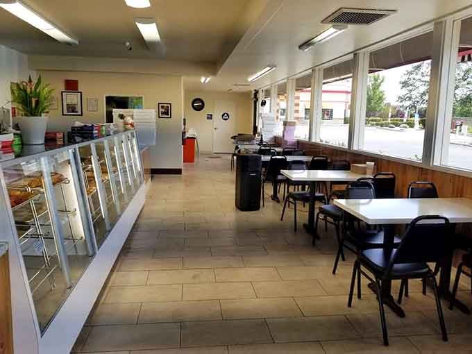 Simple, clean, and focused on what matters: those beautiful display cases lined with morning happiness.