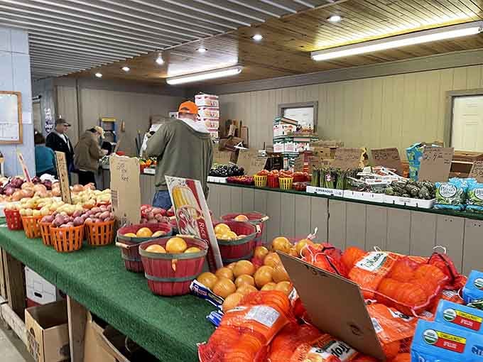 Fresh produce brightens the indoor aisles, proving that healthy eating and bargain hunting make perfect shopping companions.