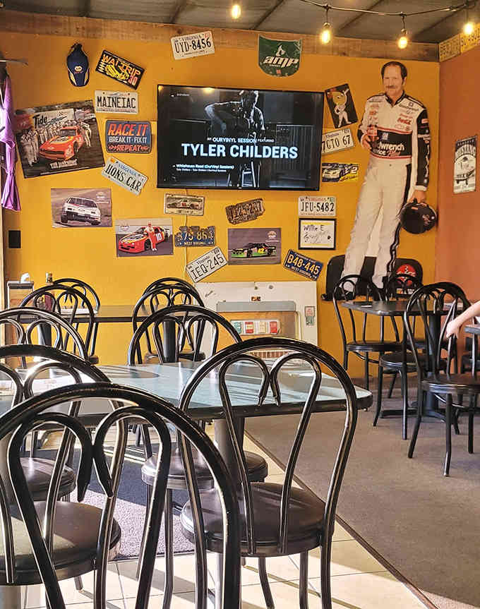 Racing memorabilia and vintage vibes create an atmosphere that's part diner, part time machine, all charm and character.