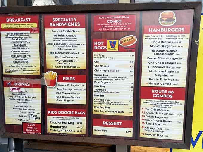 This menu board is like a greatest hits album of American hot dog culture, all in one place.