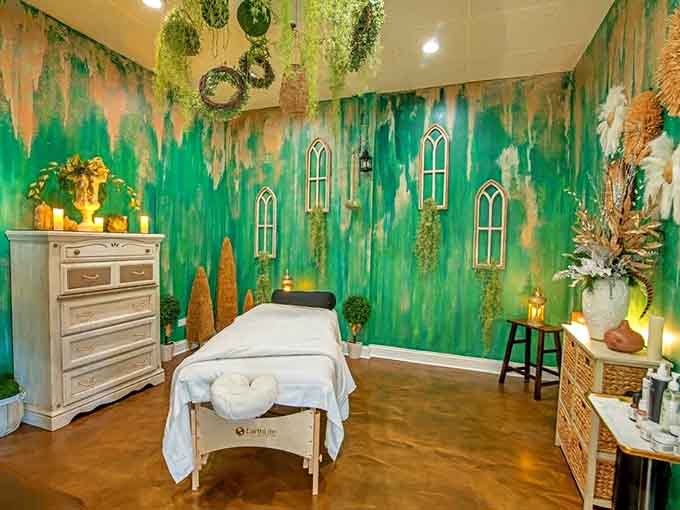 This garden-themed massage room at Royal Salt Cave & Spa looks like a fairy tale decided to open a spa.