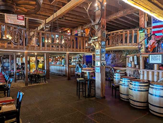 Wagon wheels, antlers, and enough rustic charm to make every cowboy movie set jealous of this place.