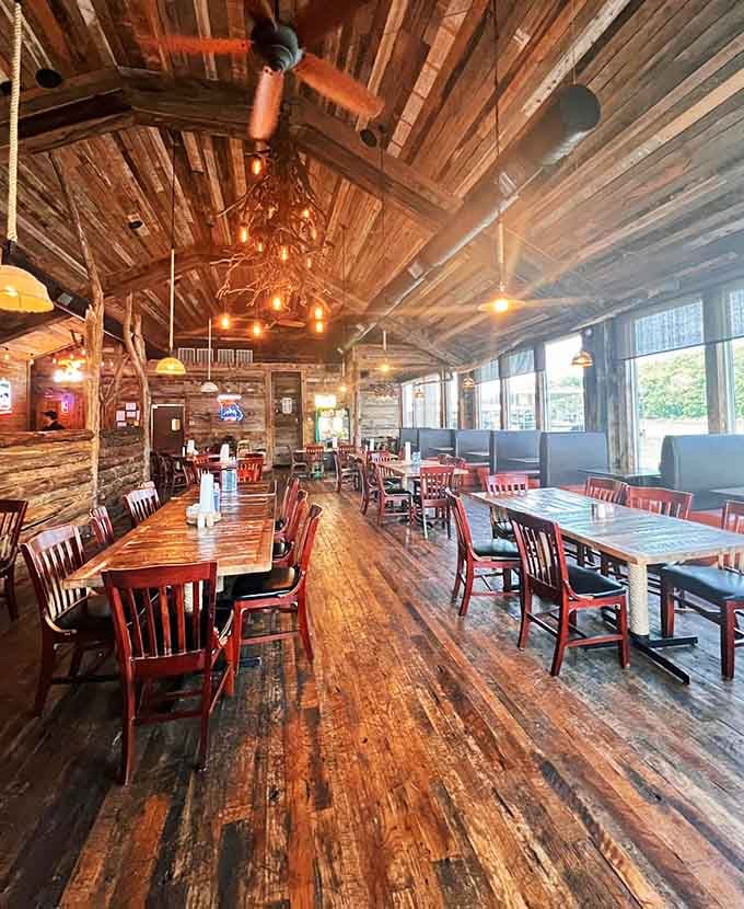 Soaring ceilings and reclaimed wood create a cabin atmosphere that feels like your favorite uncle's lake house went upscale.