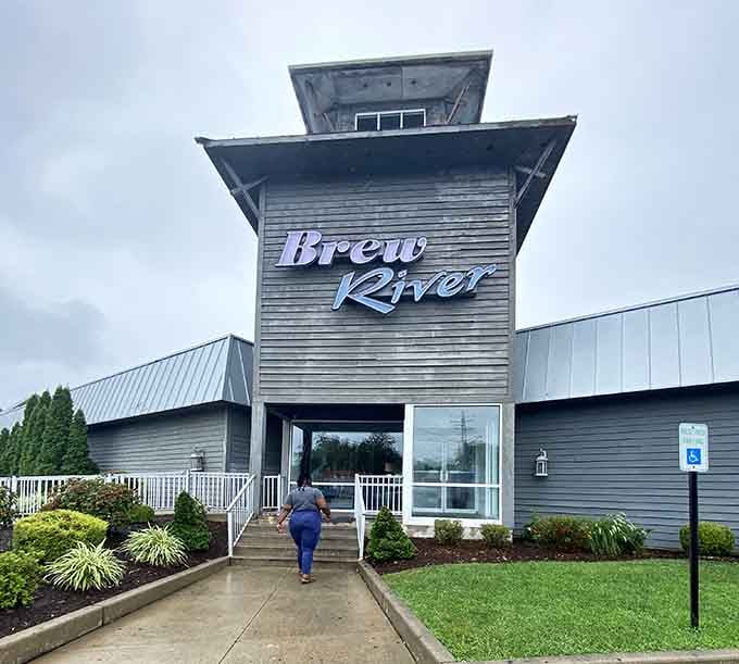 Brew River's tower stands tall, beckoning you inside for waterfront dining that won't require a boat payment.