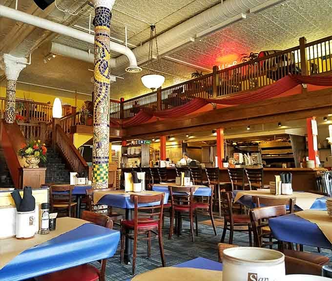 Those soaring ceilings and mosaic columns create an atmosphere that's equal parts art gallery and dinner party.