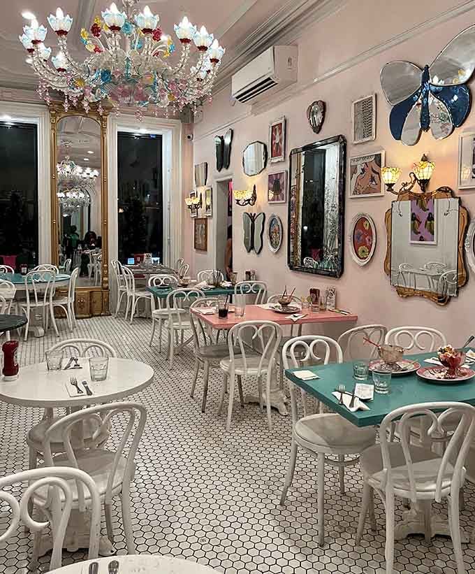 Venetian chandeliers and mismatched mirrors create a visual symphony that would make your grandmother's parlor jealous with envy.