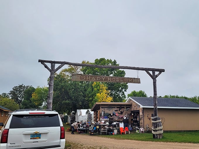 That rustic wooden archway isn't just an entrance, it's a portal to treasure-hunting paradise in Detroit Lakes.