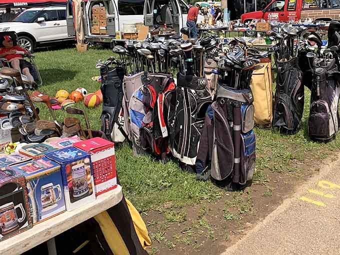 Golf clubs outnumber golfers at this market, proving Wisconsin's fishing obsession always wins in the end.