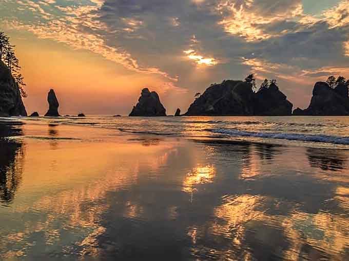 Sunset at Shi-Shi paints the sea stacks in colors that would make Bob Ross reach for extra brushes.