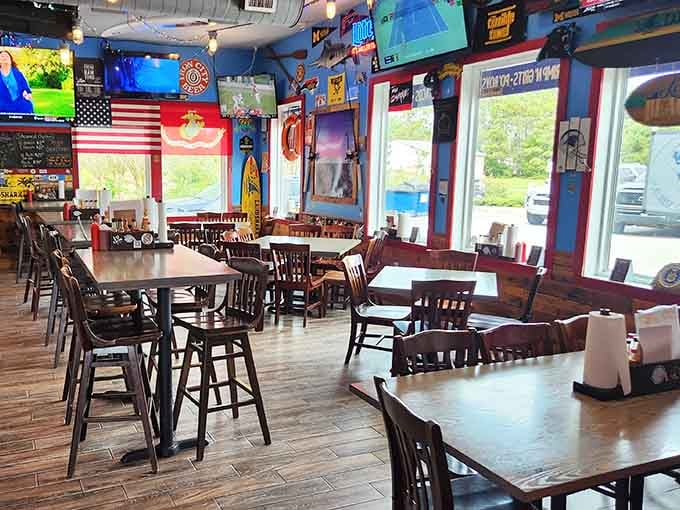 Surf memorabilia and coastal charm create the perfect backdrop for your seafood feast ahead.