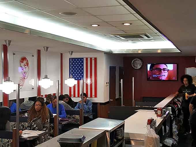 Red, white, and delicious: where patriotic decor meets comfort food in the most American breakfast experience imaginable.