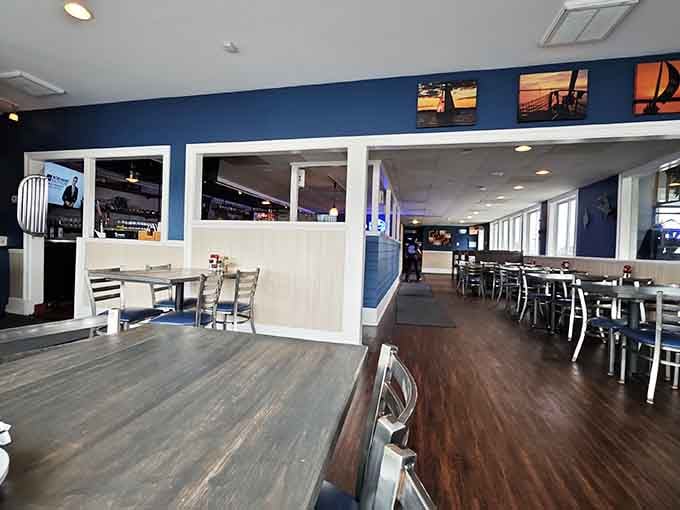 Clean, bright, and breezy inside, where nautical vibes meet modern comfort without a single cheesy anchor in sight.