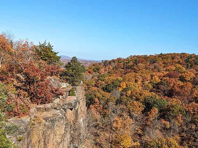 Fall foliage meets dramatic cliffs in a view that'll make your camera roll very, very happy.
