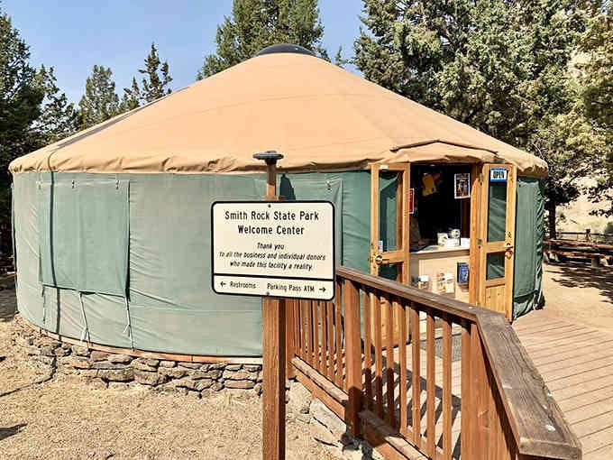 Your adventure starts at this charming yurt welcome center, where helpful staff won't judge your hiking boot choices.