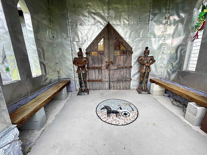 Metal knights stand eternal guard in this shimmering chamber where aluminum meets medieval fantasy perfectly.