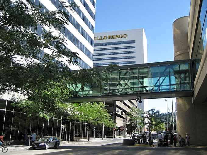 Modern skywalks connect downtown blocks, proving winter commutes don't require frostbite or heroic determination.