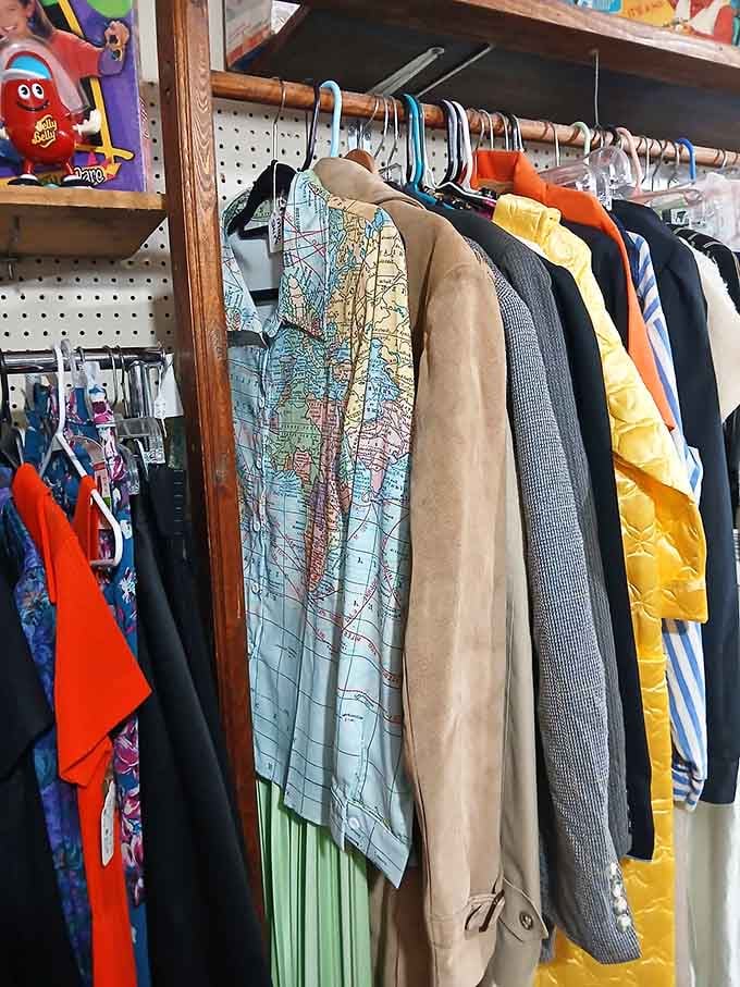 That map-print jacket hanging there has seen more adventures than most people's passport stamps combined.