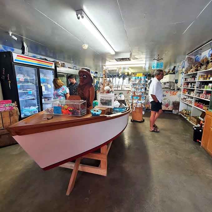 The boat counter is quirky perfection, proving that authentic fish houses don't need fancy design consultants to get it right.