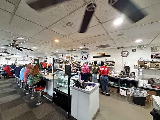 Counter seats with a view of the action, where breakfast dreams come true under Betty's watchful eye.