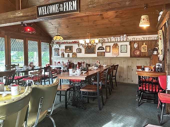 Step into a farmhouse dining room where every wooden beam and vintage detail tells a story of genuine hospitality.