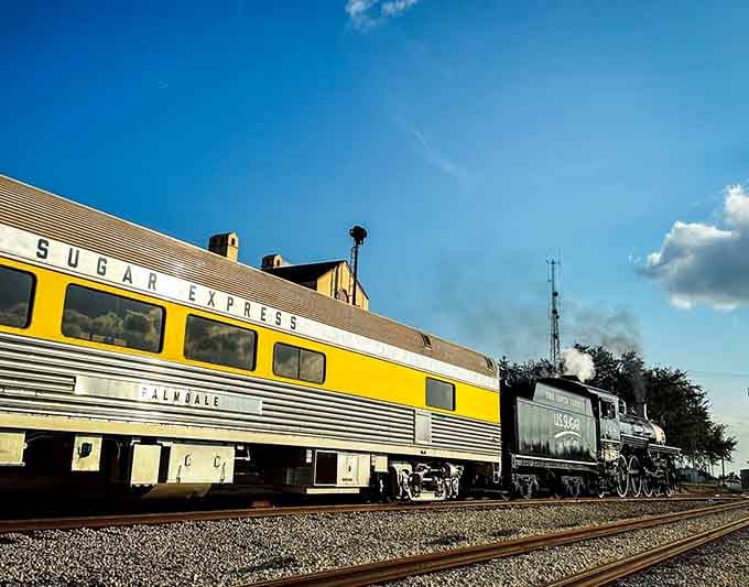 That gleaming yellow passenger car paired with vintage steam power creates an unforgettable contrast against Florida's endless sky.