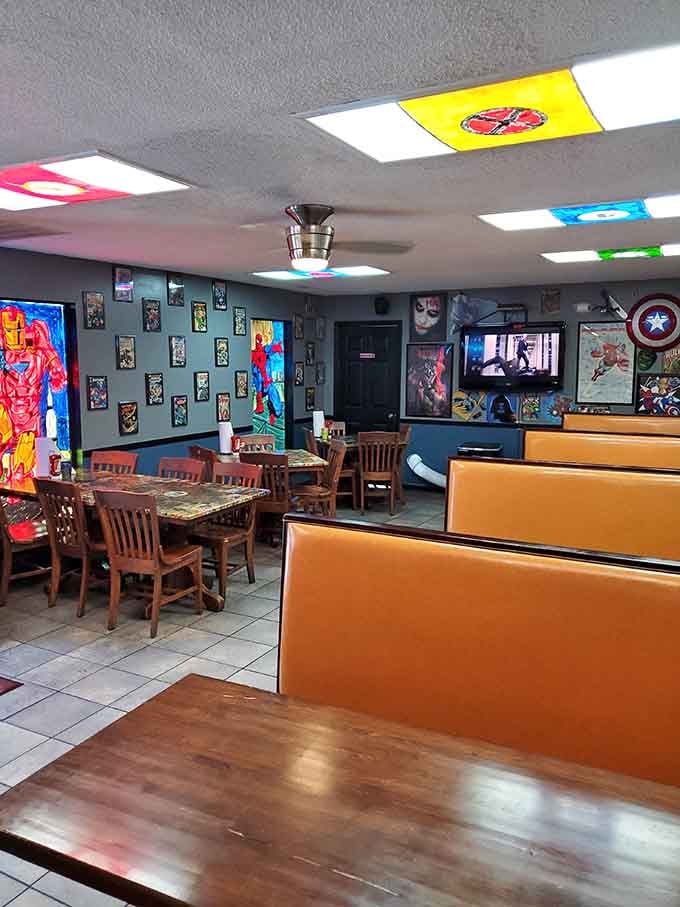 Walk inside and suddenly you're dining in a comic book come to life, complete with ceiling art.