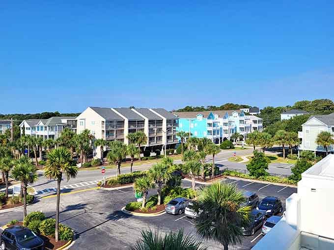 Palm trees and pastel buildings create that perfect coastal vibe without trying too hard to impress anyone.