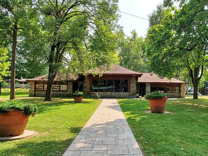 The charming brick pavilion at Highland Park houses two of Indiana's most wonderfully unexpected treasures inside.