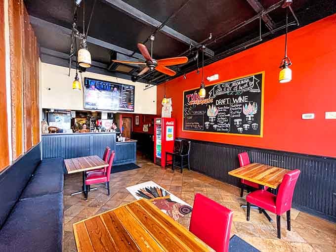 Bold red walls and rustic touches create the perfect backdrop for serious meat consumption and zero regrets.