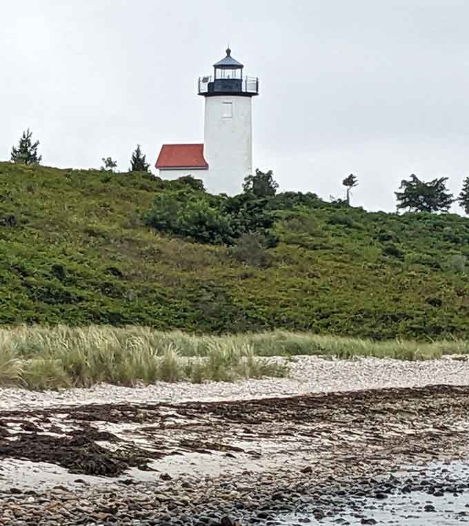 The lighthouse rises from its hillside perch like a patient guardian watching over centuries of passing ships.