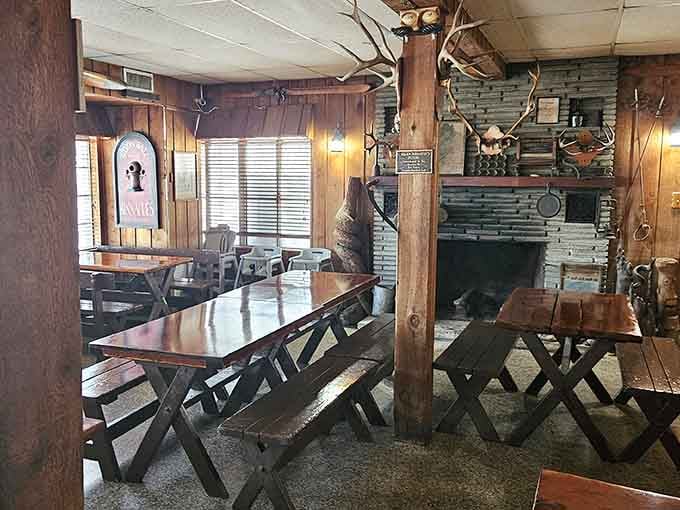 Wood paneling and picnic tables create the perfect setting for serious smoked fish consumption.