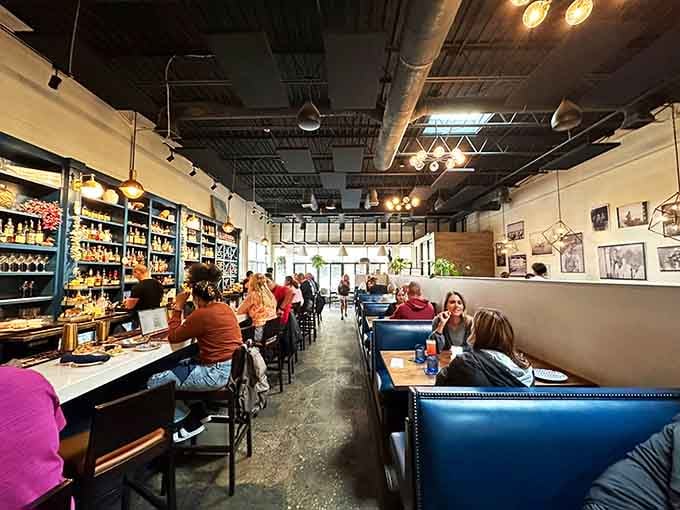 Blue booths set the scene for your next seafood adventure in Virginia Beach, offering the perfect spot to dive into fresh, flavorful catches.